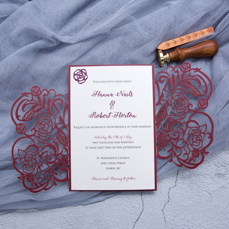 Roses Laser Cut Wedding Invitation, Laser Cut Pocket, Wedding ...