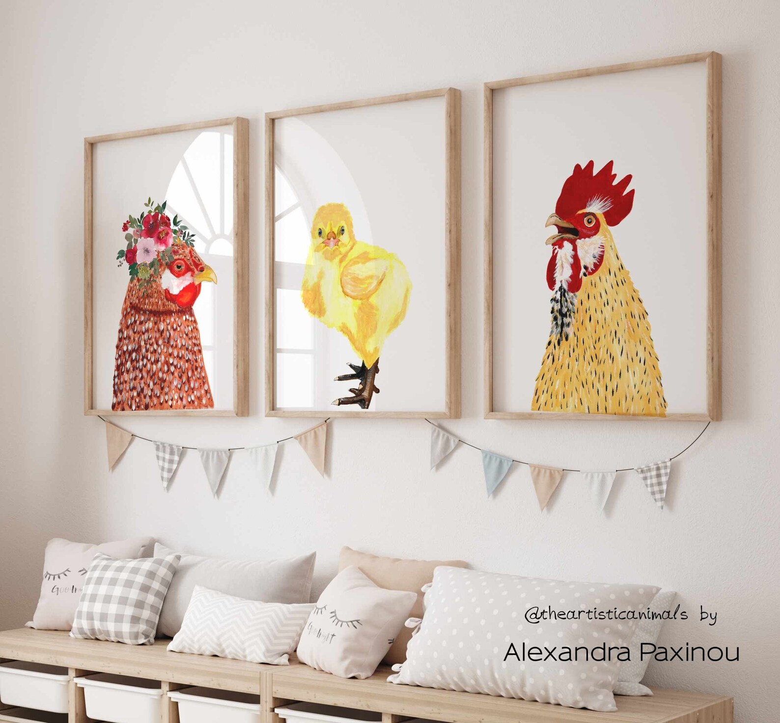 Hen, Chick and Rooster Print Set, Farm Animal Nursery Decor, Whimsical ...