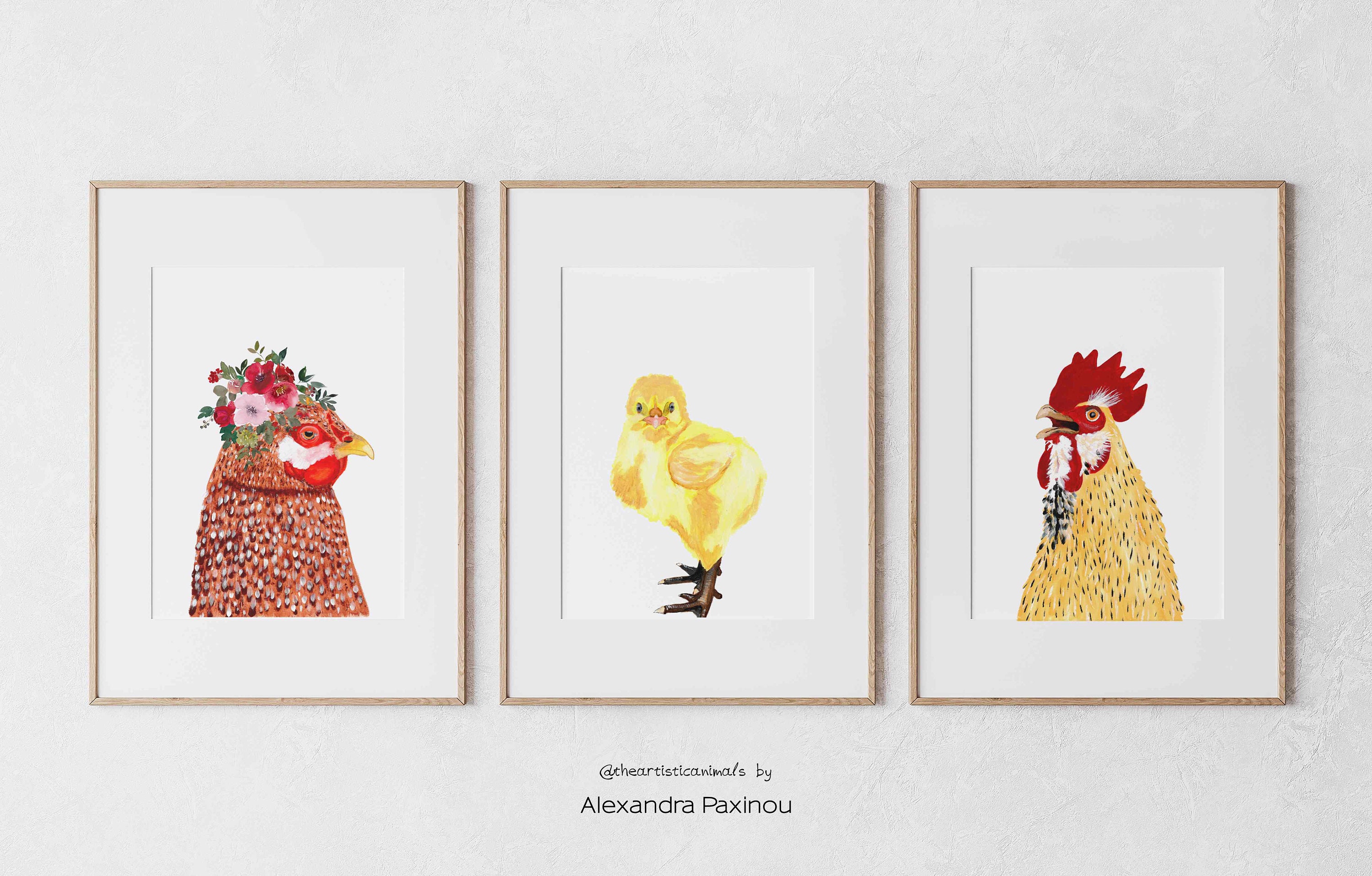 Hen, Chick and Rooster Print Set, Farm Animal Nursery Decor, Whimsical ...