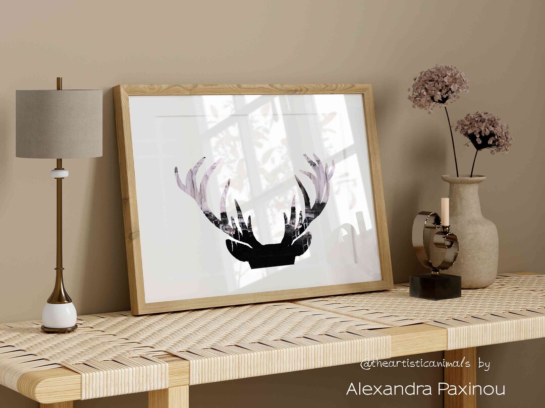 Deer Antler Wall Art, Black and White Deer Stag Head Print, Printable ...