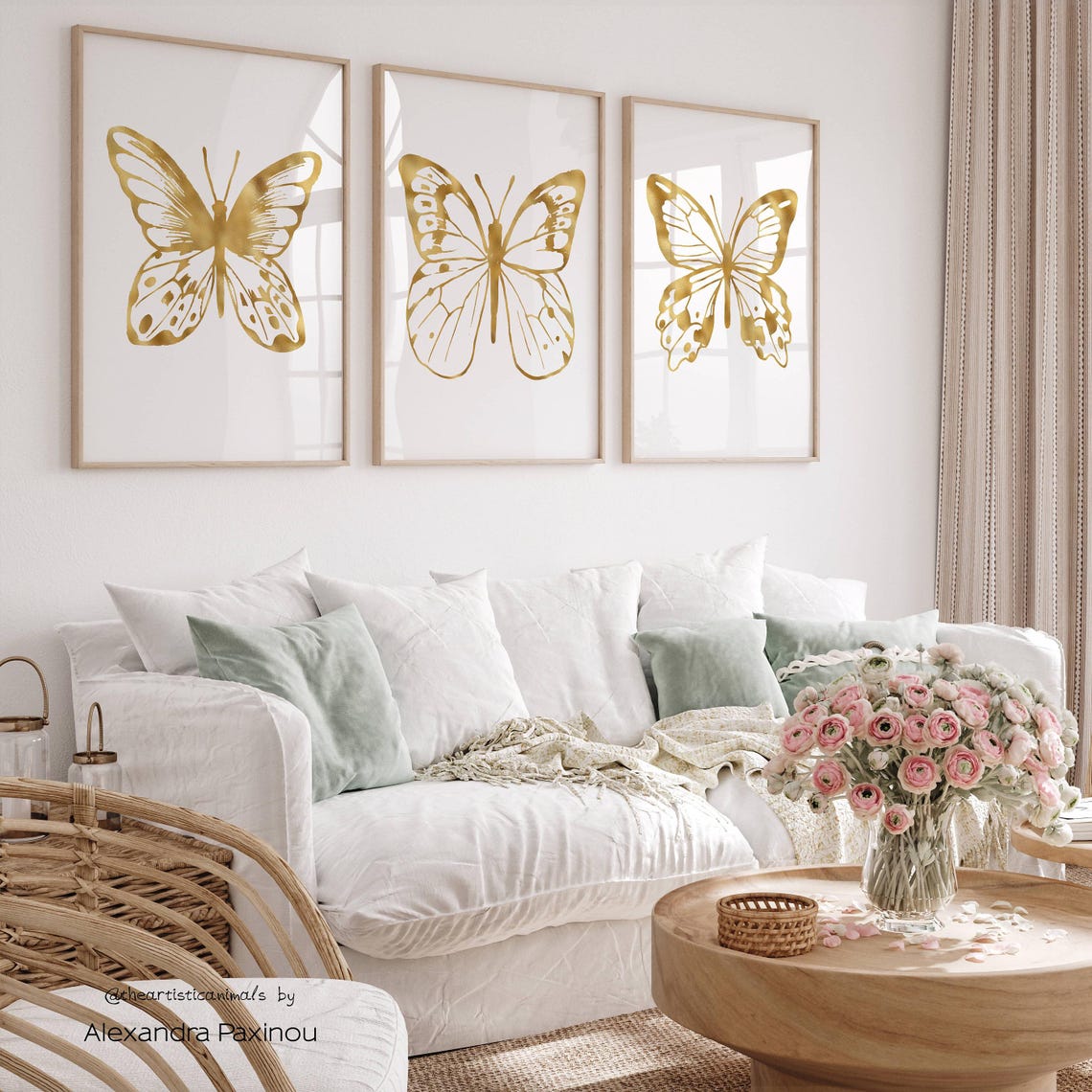 Gold Butterfly Wall Art Set of 3 Piece, Animal Triptych Art, Abstract ...