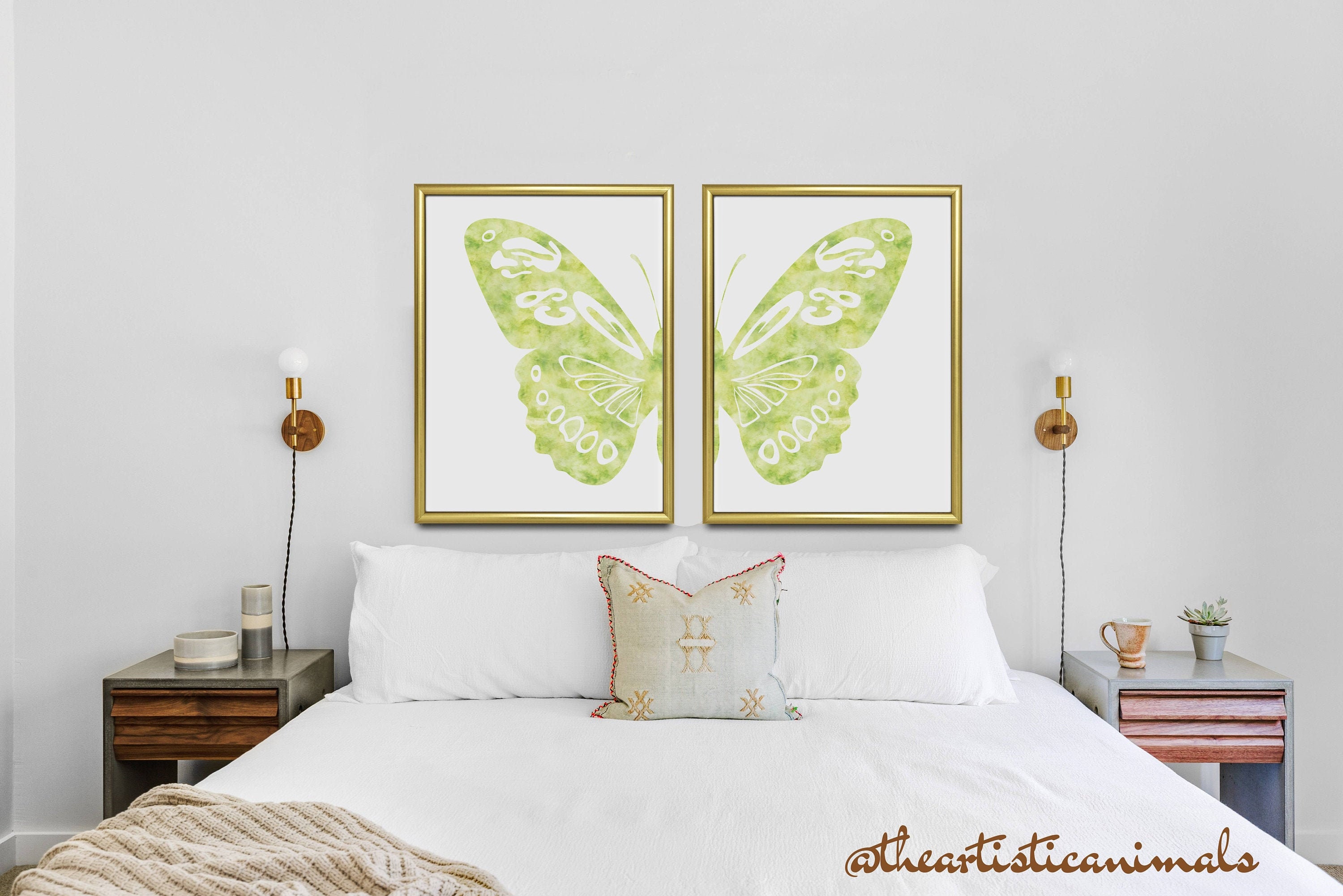 Green Butterfly print set of 2 Lime green wall art Butterfly | Etsy