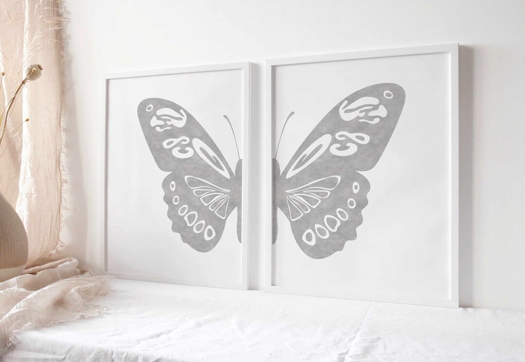 Gray Butterfly Wall Art, Butterfly Print Set of 2, Abstract Minimalist ...
