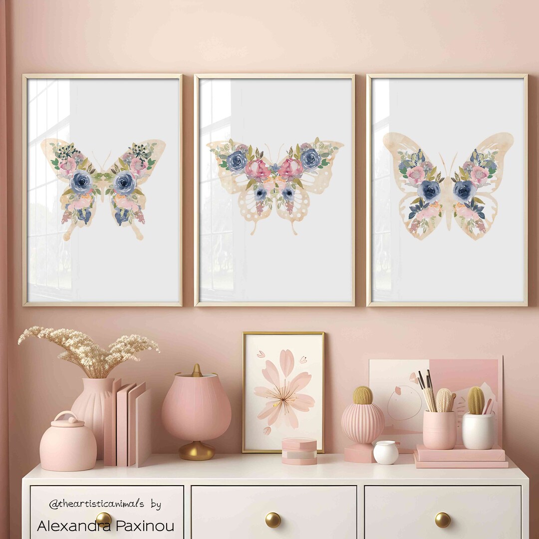 Butterfly Floral Print Set, Blush Pink & Blue Nursery Decor, Digital ...