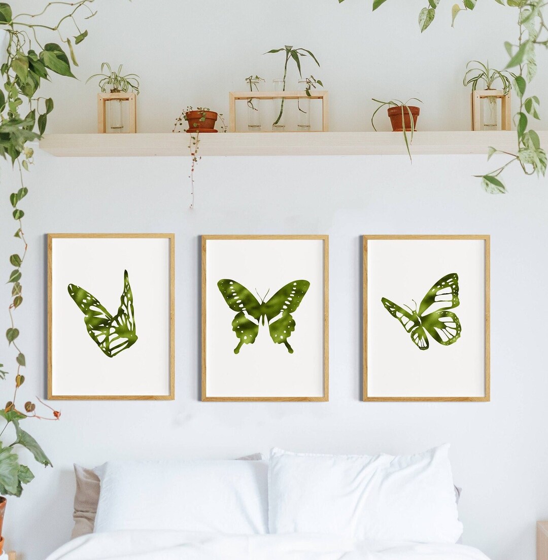Dark Green Butterfly Print Set of 3, Abstract Minimalist Wall Art ...