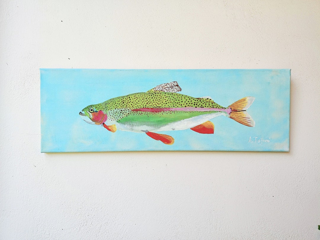 Rainbow Trout Art Painting on Canvas 8x24.5in Original, Wide Wall Art ...