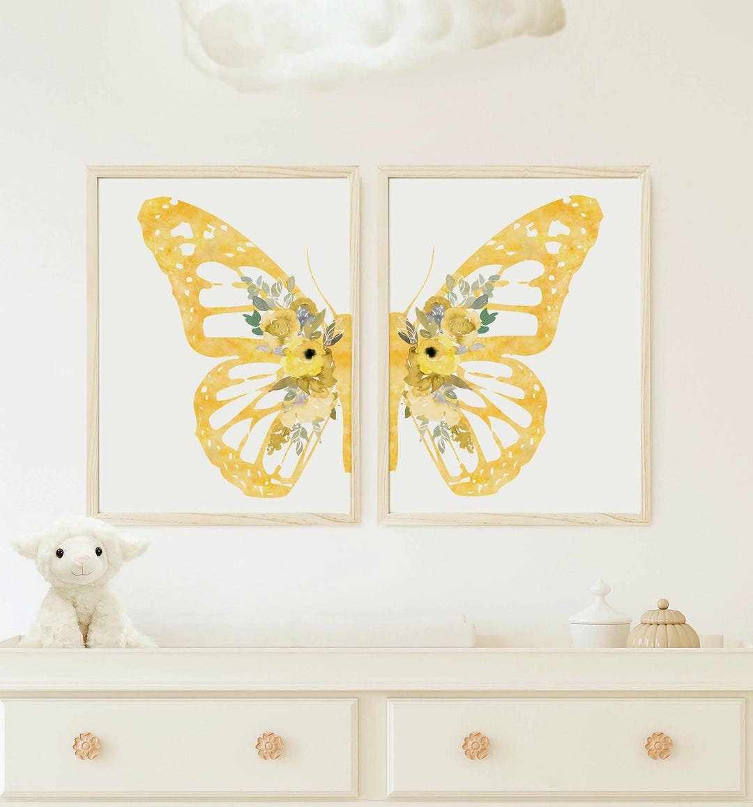 Yellow Butterfly Art, Butterfly Prints Set of 2, Yellow Nursery Wall ...