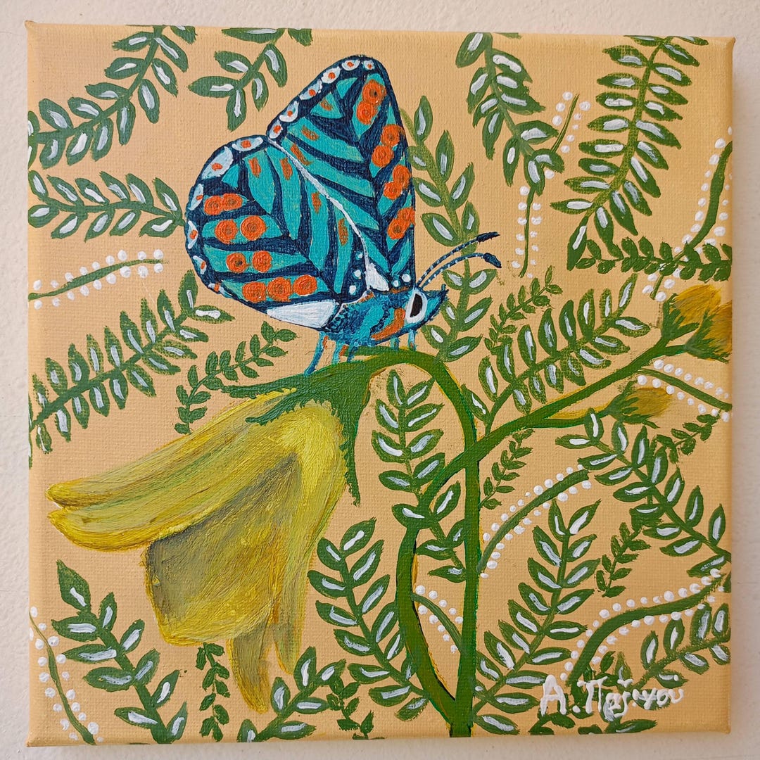 Folk Art Butterfly on Flower Painting on Canvas 8x8in (20x20 Cm ...