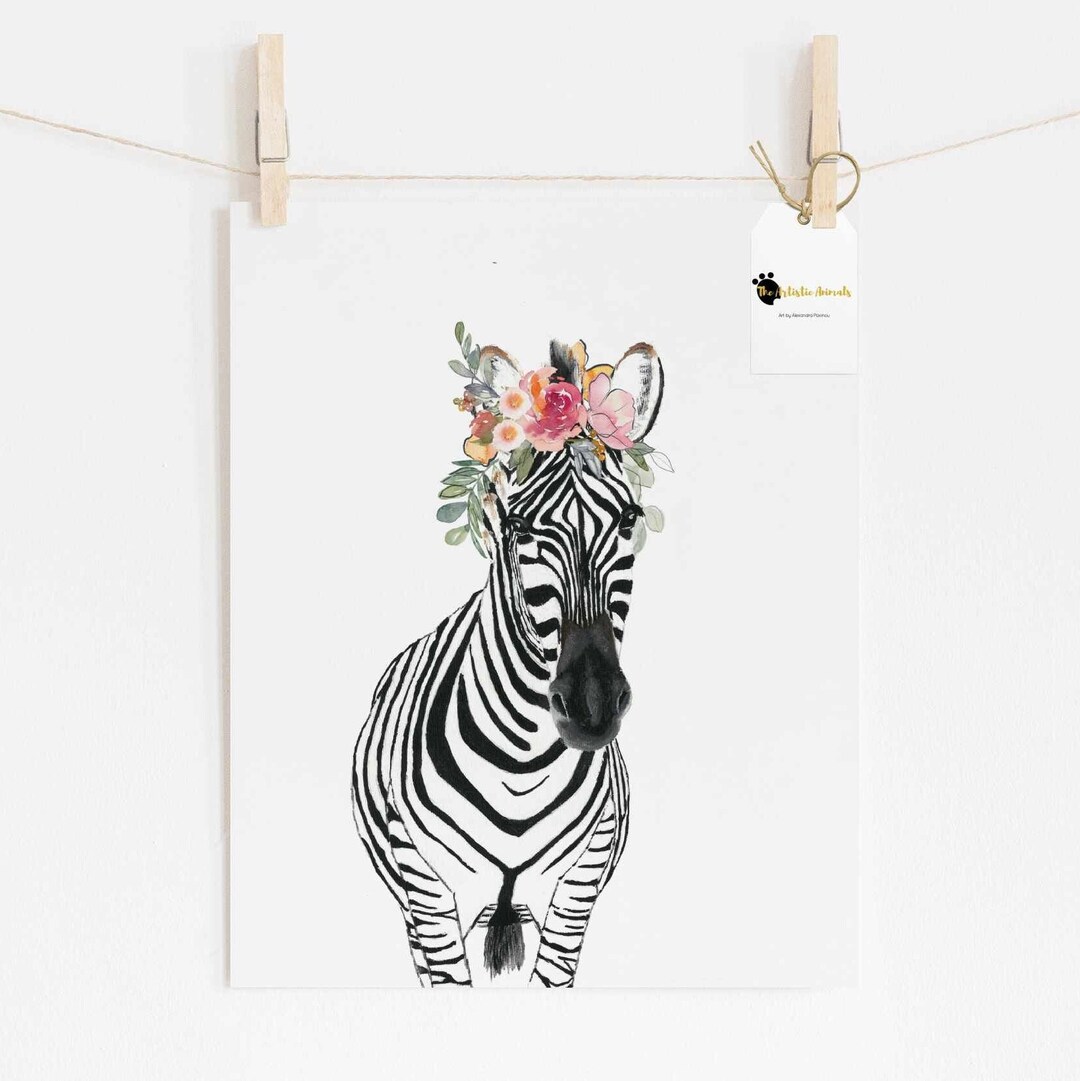 Zebra With Flower Crown Print, African Safari Nursery Decor, Zebra ...