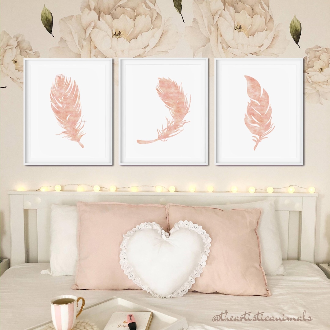 Blush Pink Feather Print Set, Minimalist Watercolor Art (digital ...