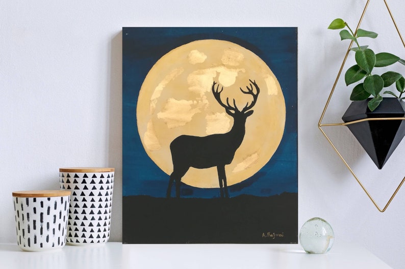 Original Stag and Full Moon Silhouette Art Canvas Acrylic - Etsy