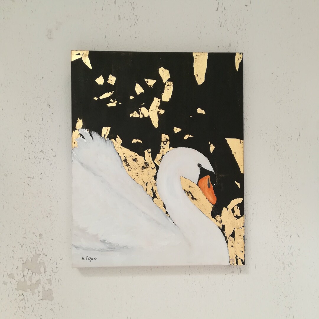 Swan Painting 16x20 In, Original Acrylic and Gold Leaf Artwork on ...