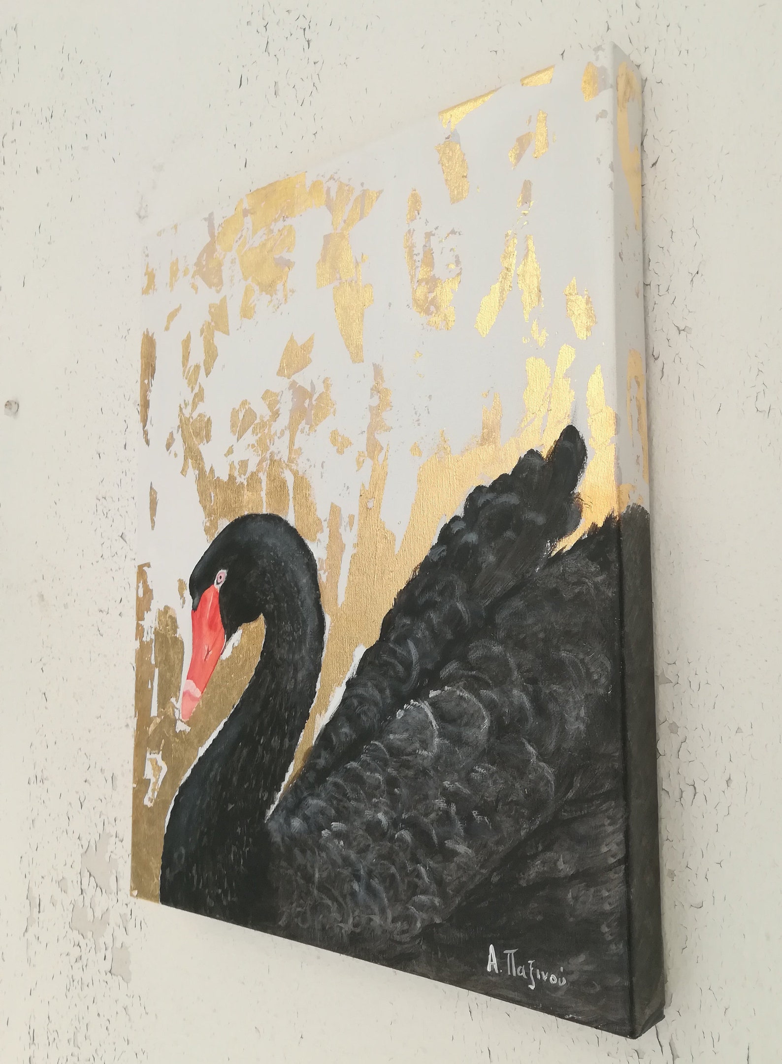 Black Swan Painting 16x20'' Original Acrylic and Gold - Etsy