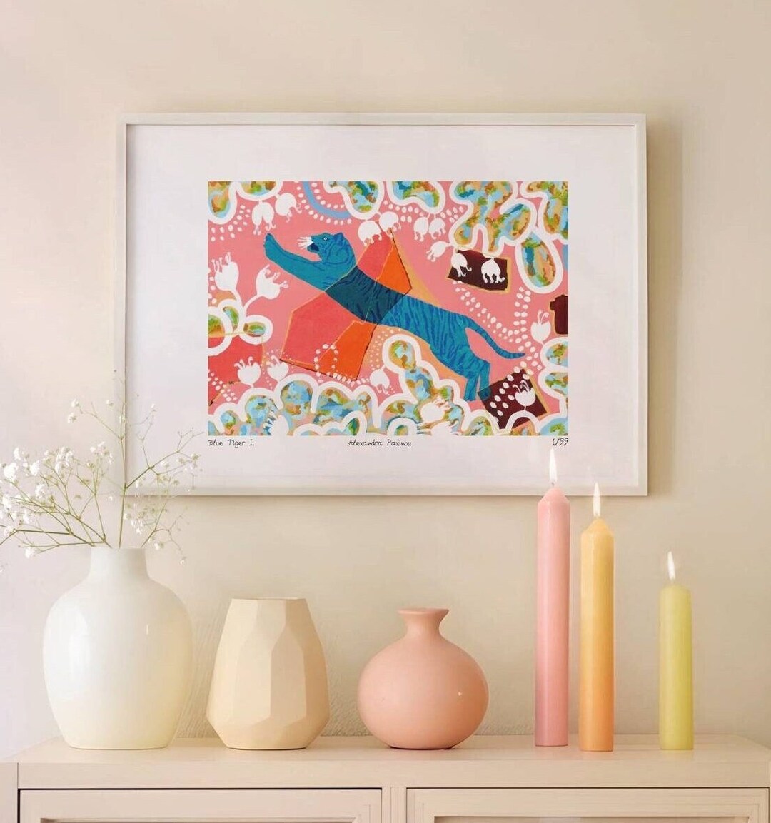 Blue Tiger Art Print of Original Painting, Bright Colored Whimsical ...