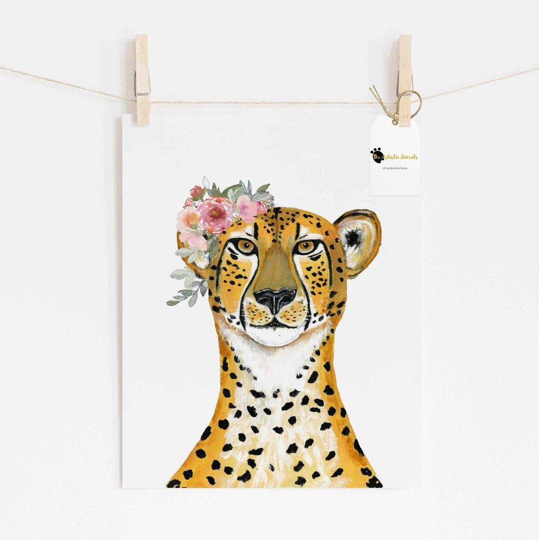 Cheetah With Flower Crown Print, Safari Animal Picture, Jungle Nursery ...