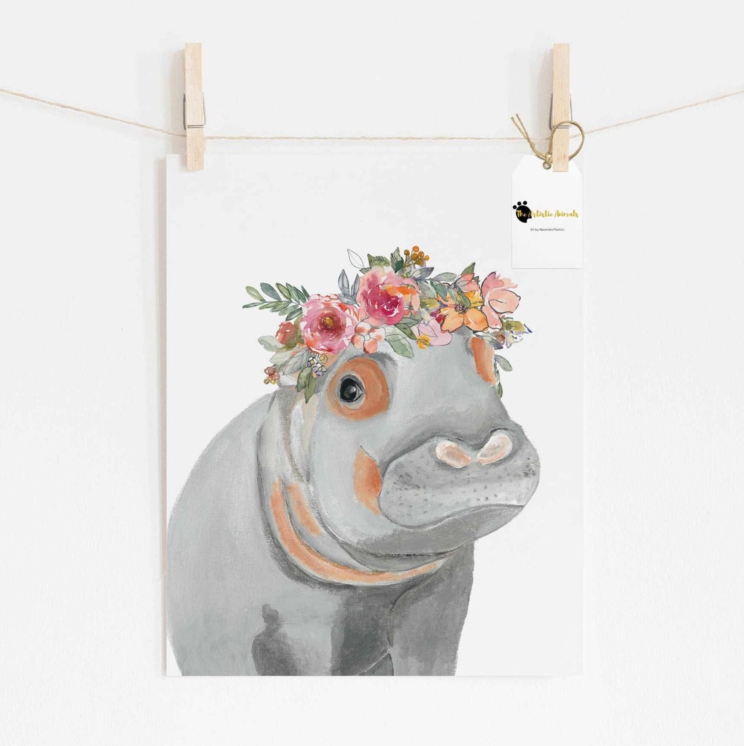 Baby Hippopotamus With Flower Crown Art Print, African Safari Art for ...