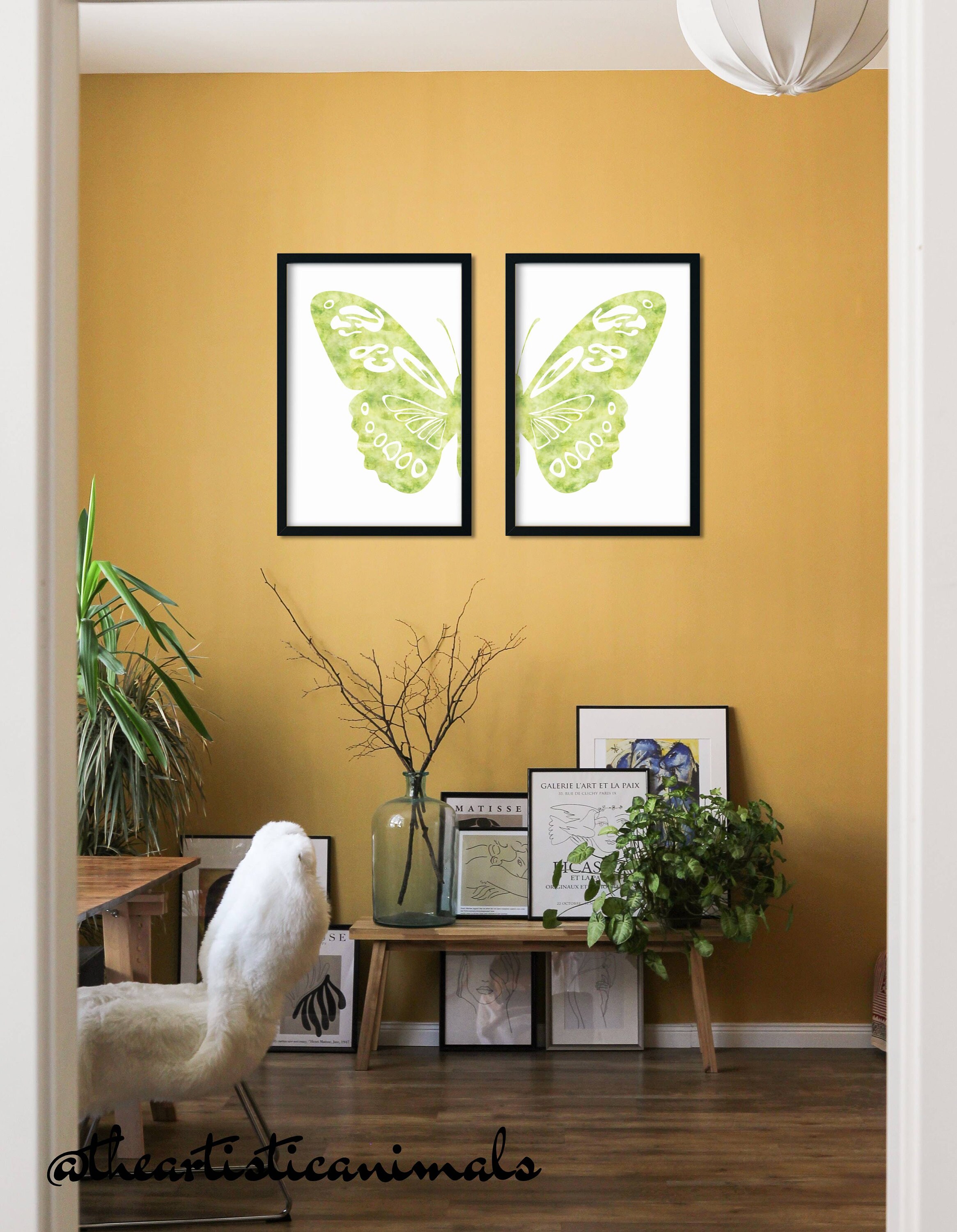 Green Butterfly print set of 2 Lime green wall art Butterfly | Etsy