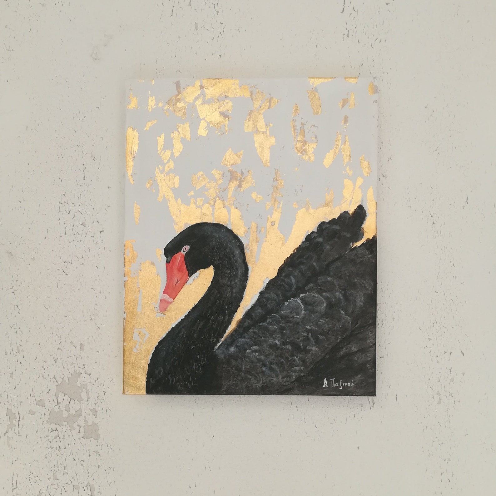 Black Swan Painting 16x20'' Original Acrylic and Gold - Etsy