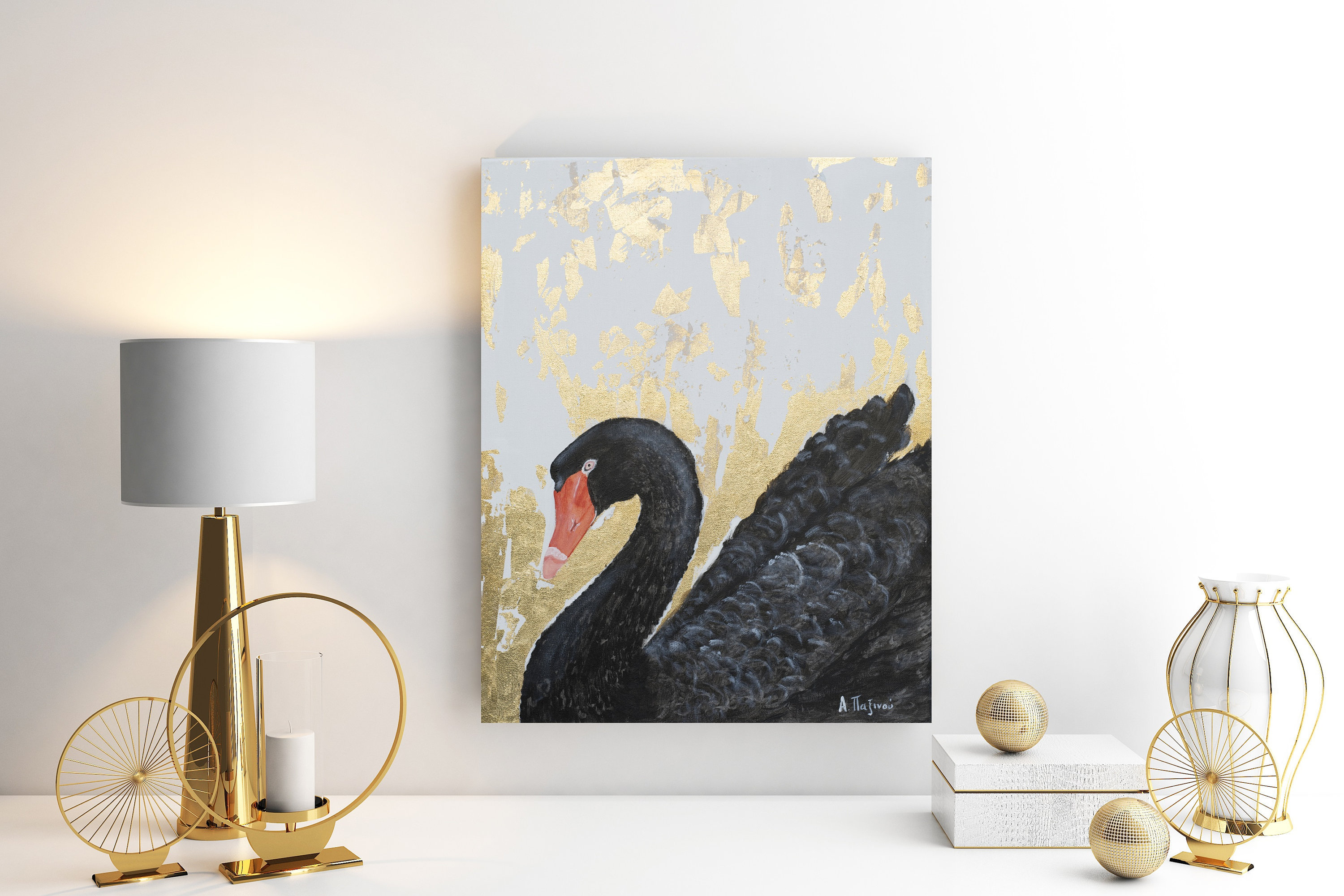 Black Swan Painting 16x20'' Original Acrylic and Gold - Etsy