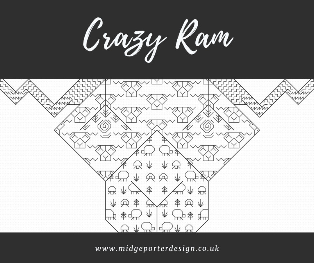 Crazy Ram Blackwork Embroidery Design. 3 OPTIONS: Chart/ Kit/ Craft Box ...