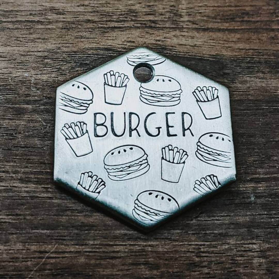 Hamburger - Pet ID Tag - Dog Tag for Dogs - Pet Name Tag - Hand Stamped ...