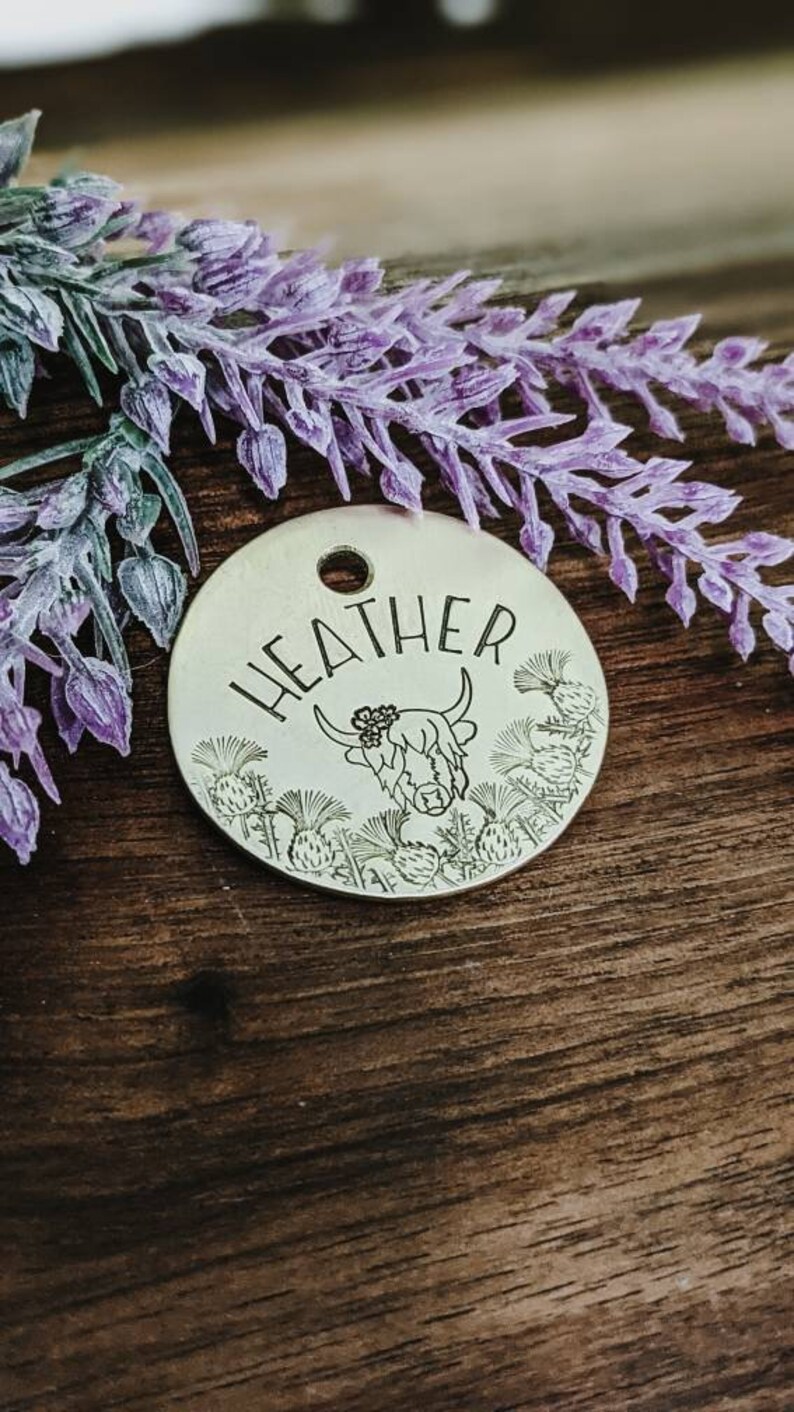 Highland Cow Thistle ID Tag Name Tag for Dog Handstamped | Etsy