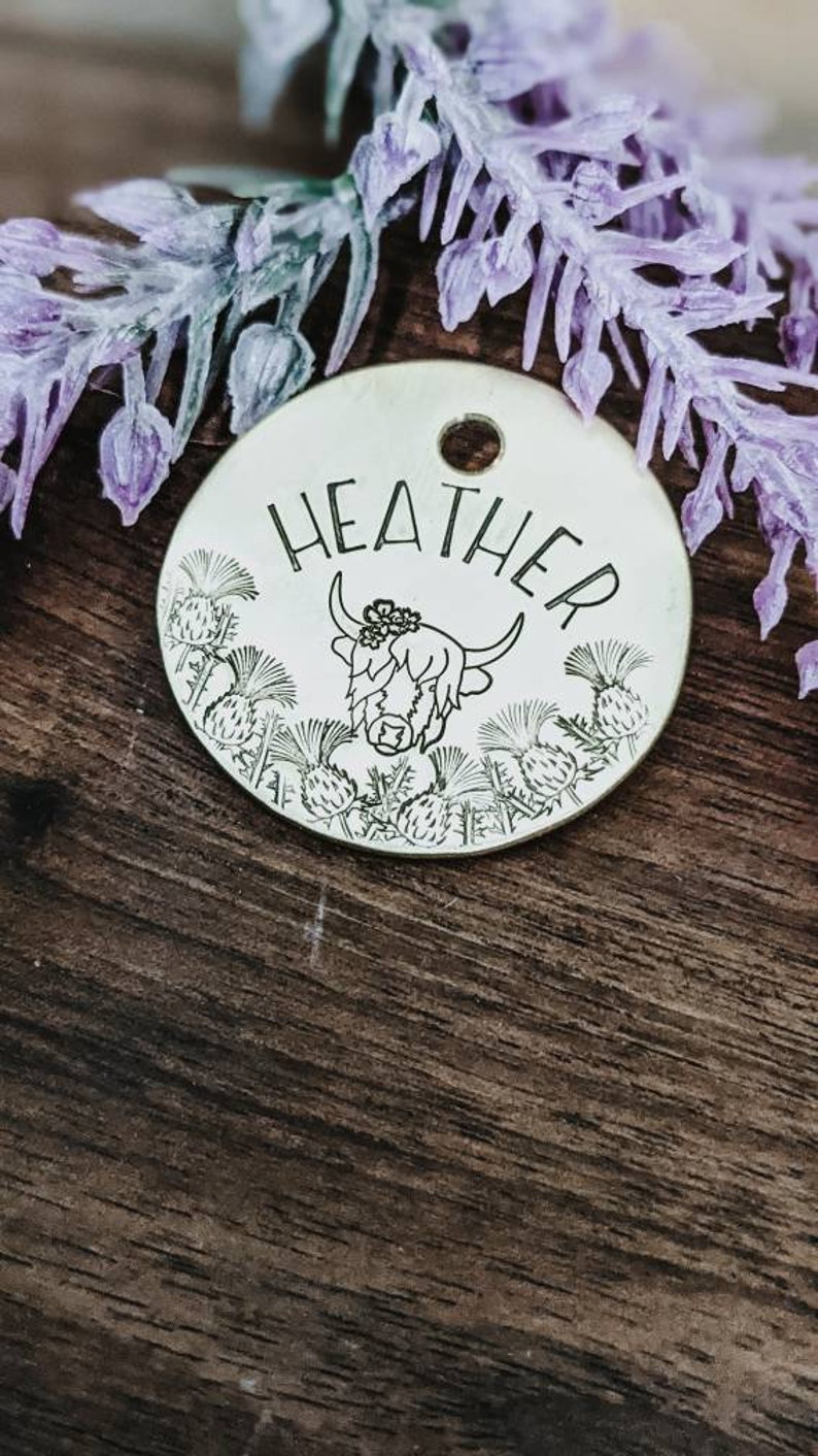 Highland Cow Thistle ID Tag Name Tag for Dog Handstamped | Etsy