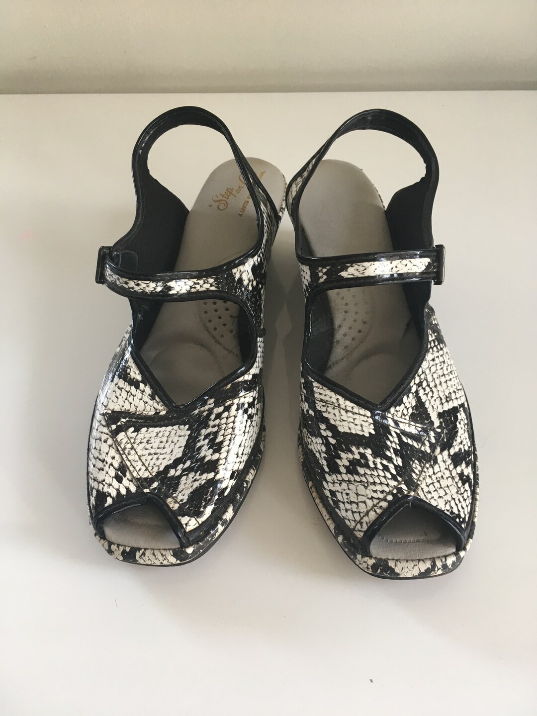 Vintage Black & White, Snake Print Peep Toe Sandals, Snake Print ...