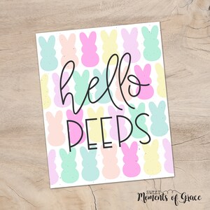 Hello Peeps Printable Wall Art With Pastel Marshmallow Bunnies, Easter ...