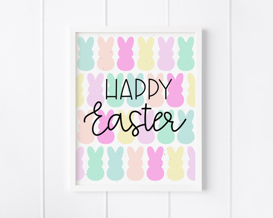 Happy Easter Printable Wall Art With Pastel Marshmallow Bunnies, Easter ...