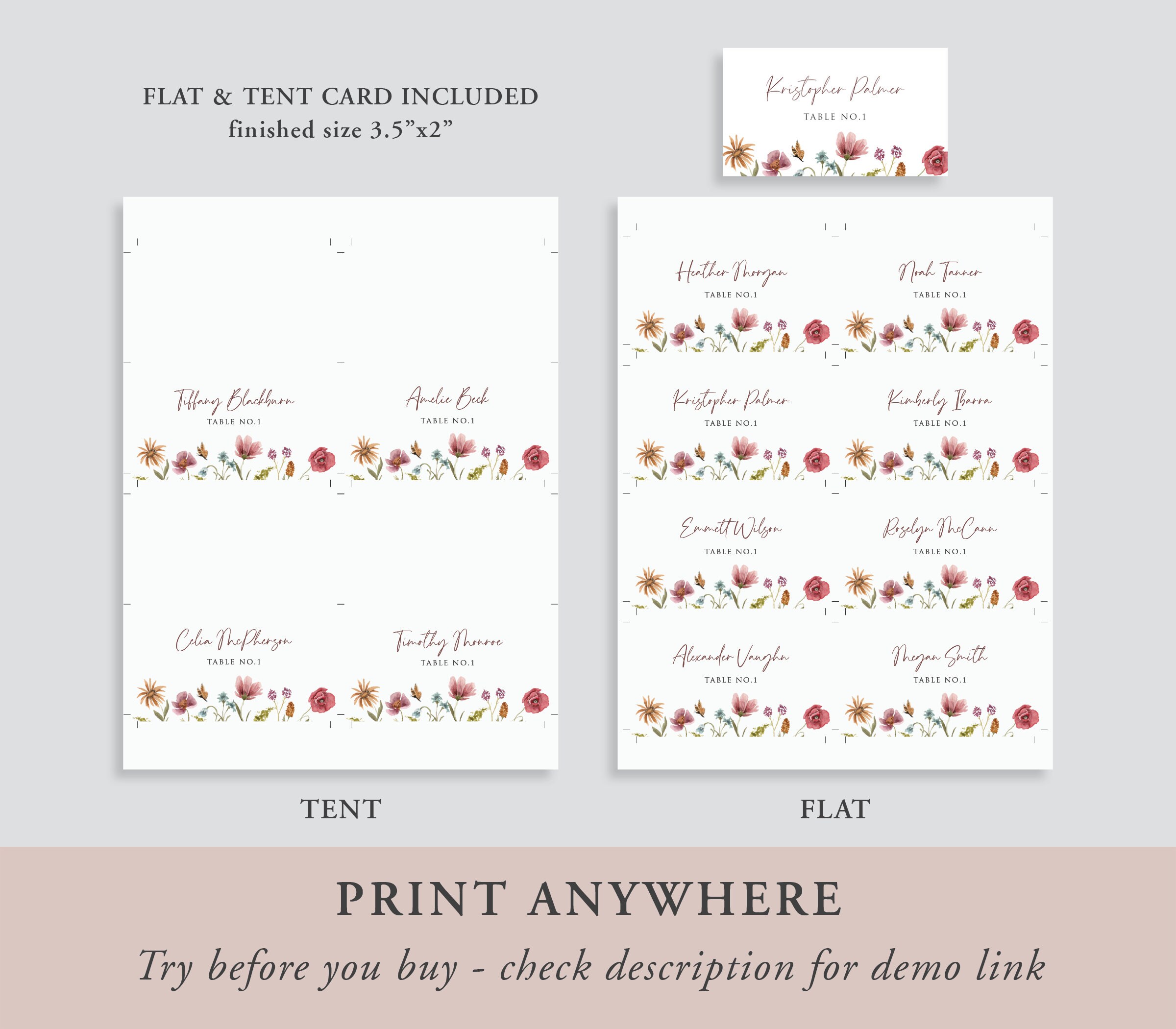 Wildflower Place Card Template, Editable Printable (digital Download ...