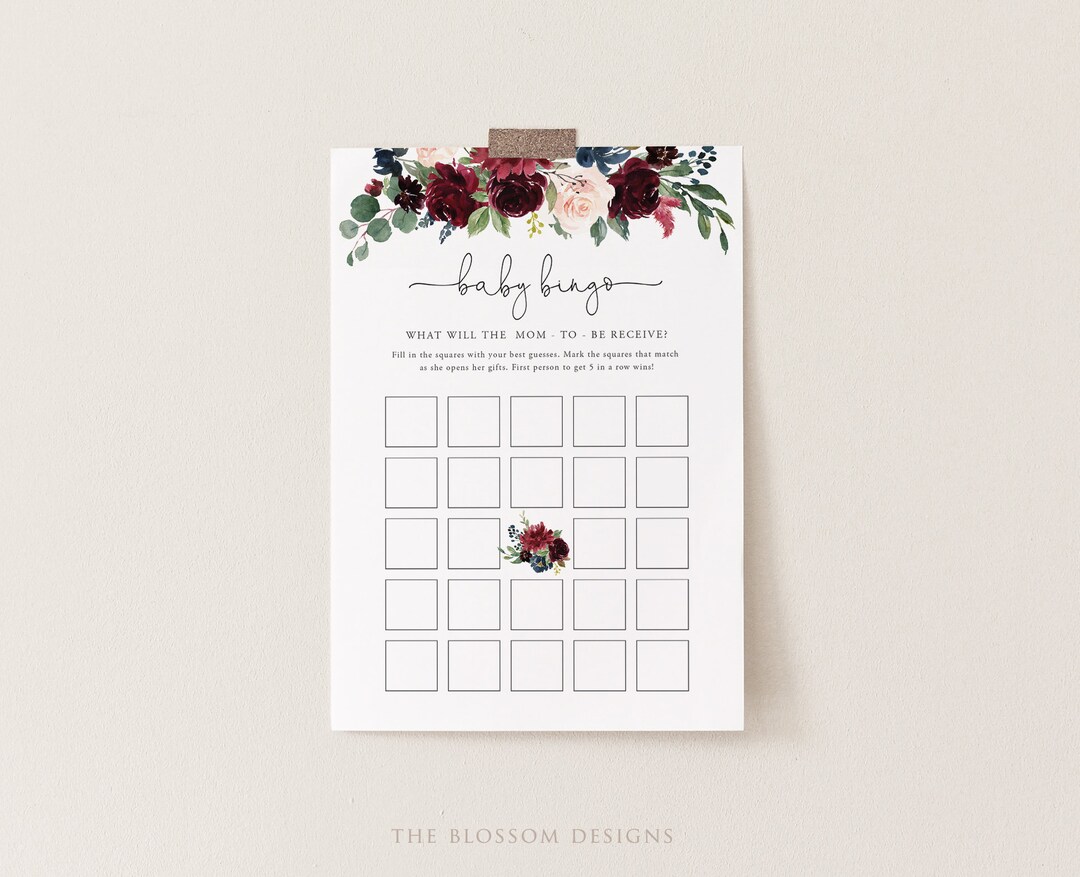 Baby Bingo Game, Editable Baby Shower Game, Burgundy Baby Shower DIY ...