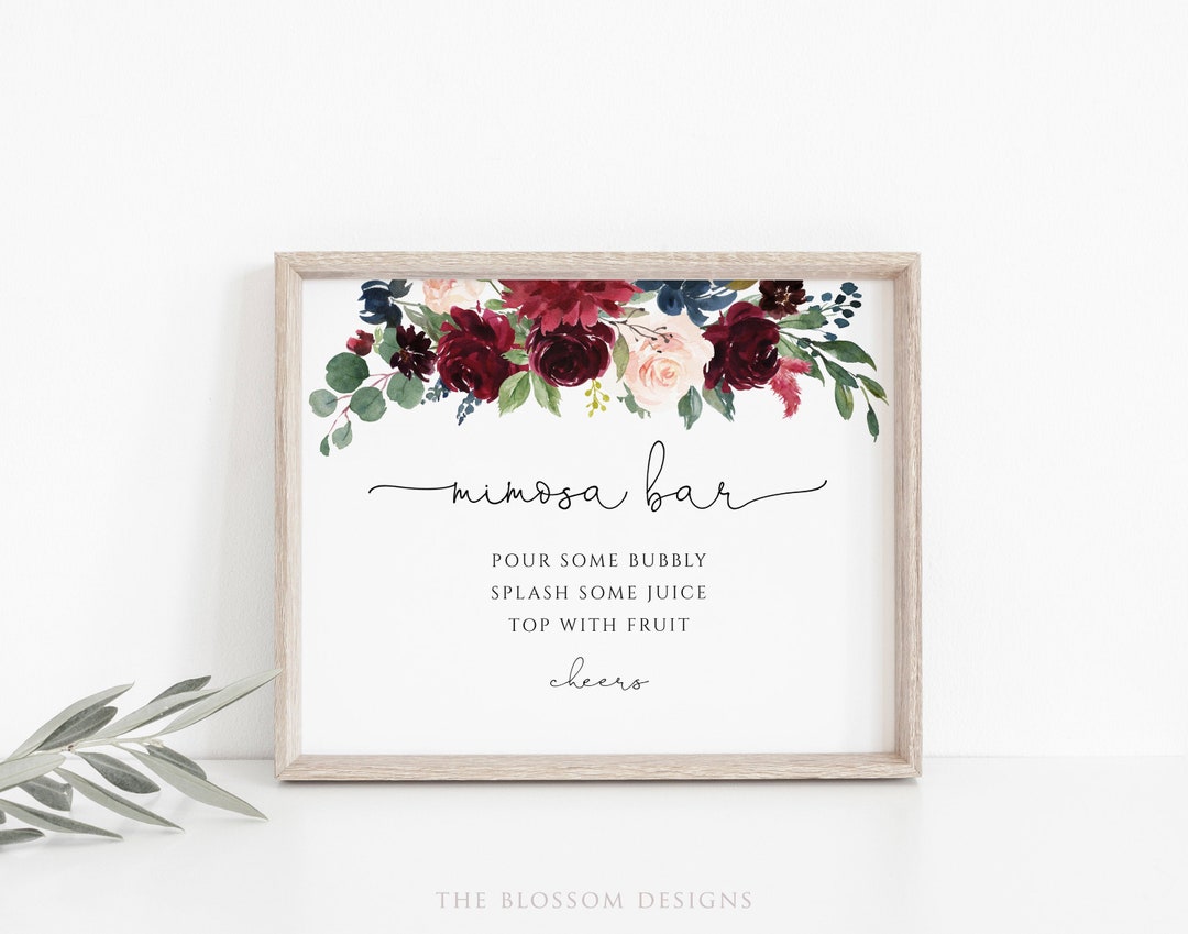 Burgundy and Navy Mimosa Bar Sign, Burgundy Signs Printable, Printable ...