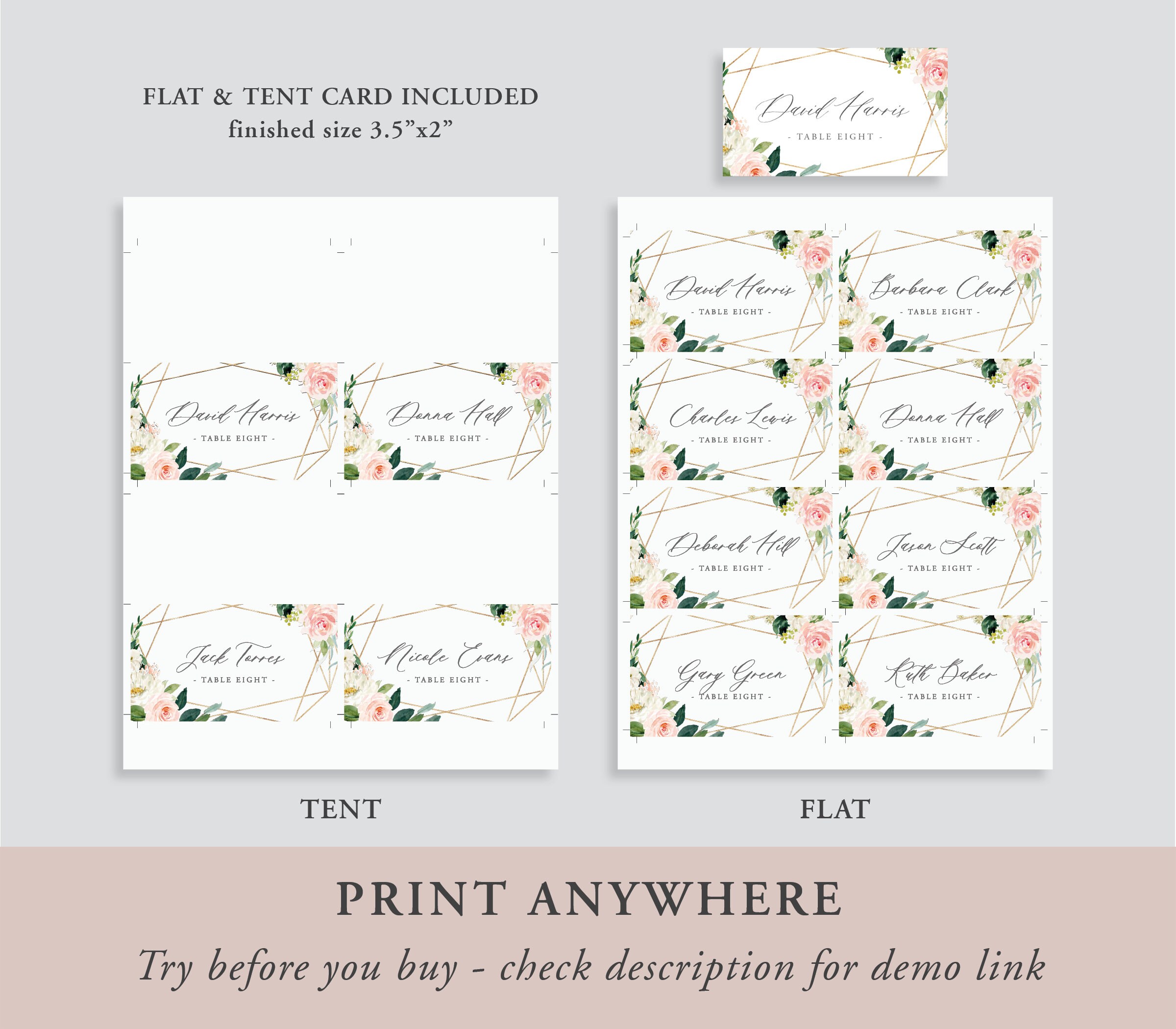 Place Card Template Blush Pink Place Card Wedding Watercolor | Etsy