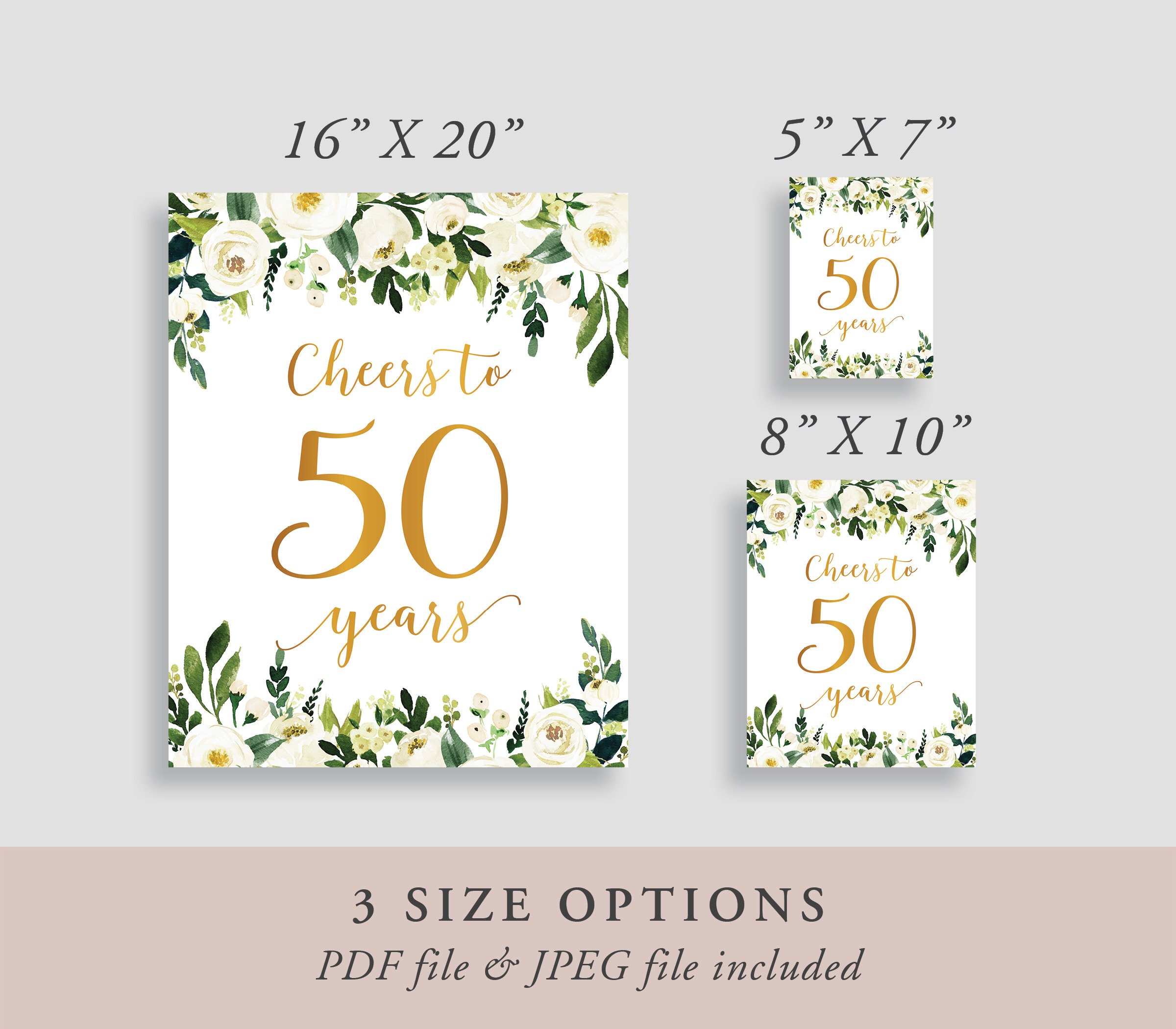 Greenery 50th Anniversary Sign, Gold Wedding, Cheers to 50 Years ...