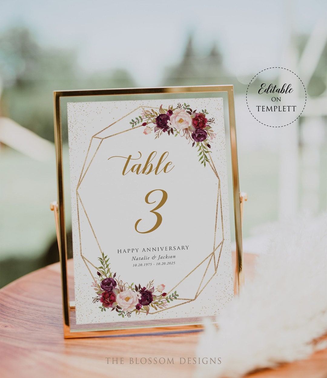 Burgundy Floral Anniversary Table Numbers, Editable Template (digital ...