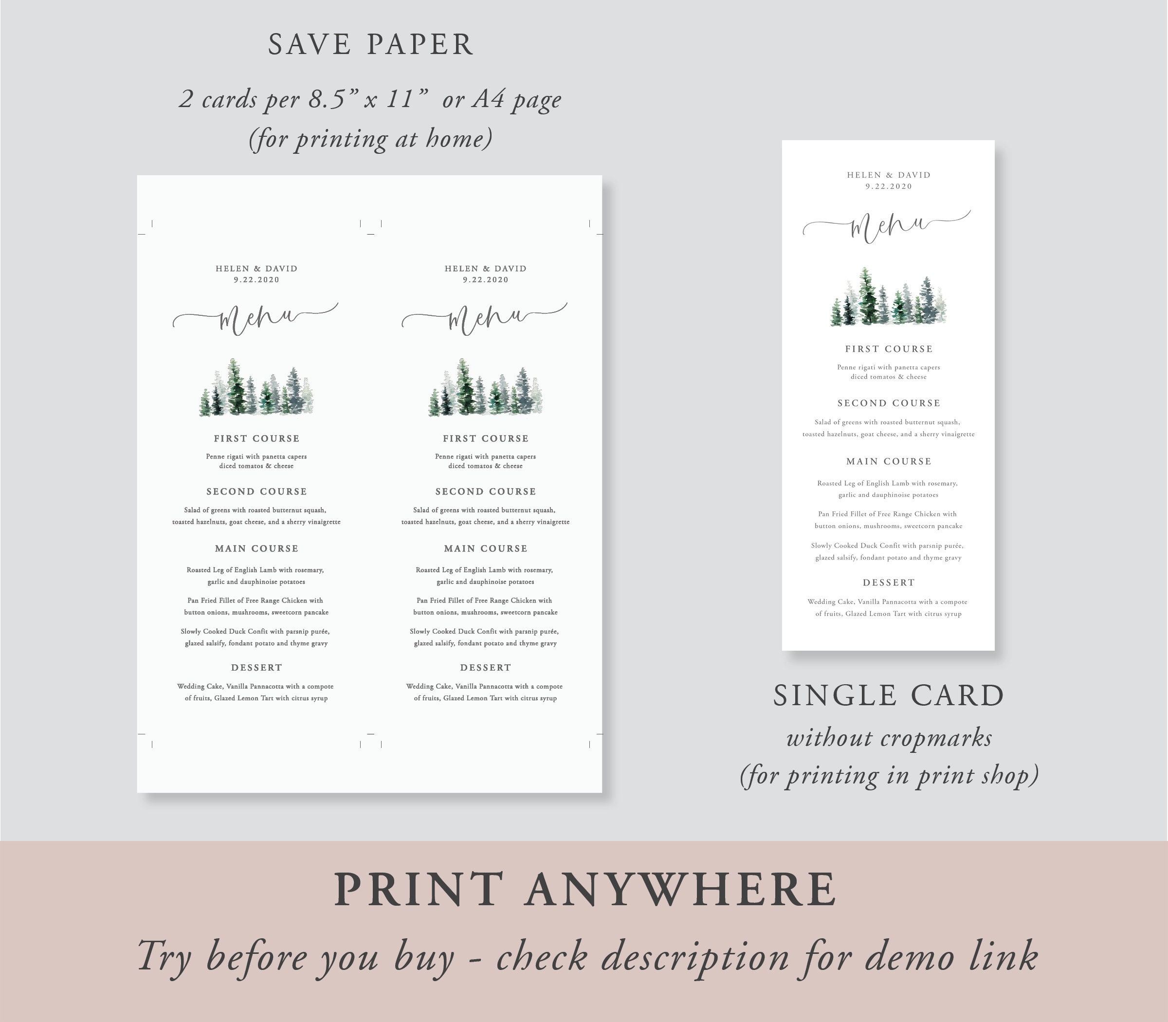 Pine Tree Wedding Menu Template Printable Wedding Menu | Etsy