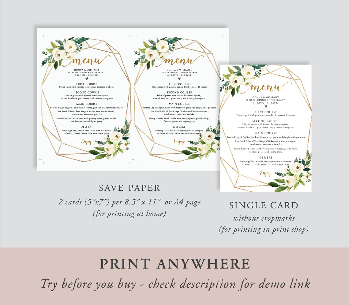 Greenery Menu Template Wedding Anniversary Menu Floral - Etsy