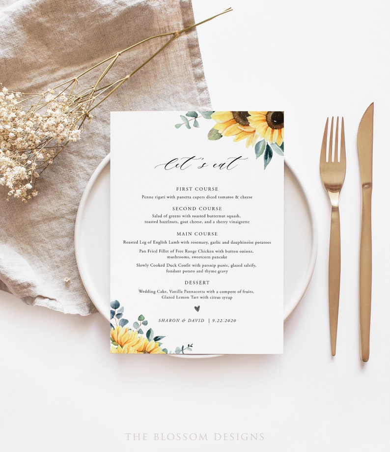 Sunflower Wedding Menu Template Printable Wedding Menu - Etsy
