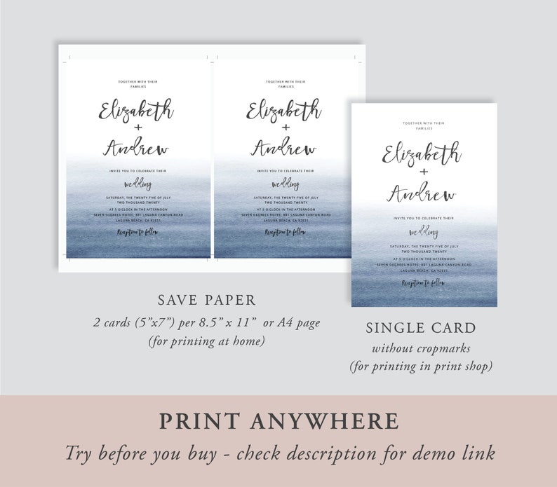 Dusty Blue Wedding Invitation Template, Printable Suite (digital ...
