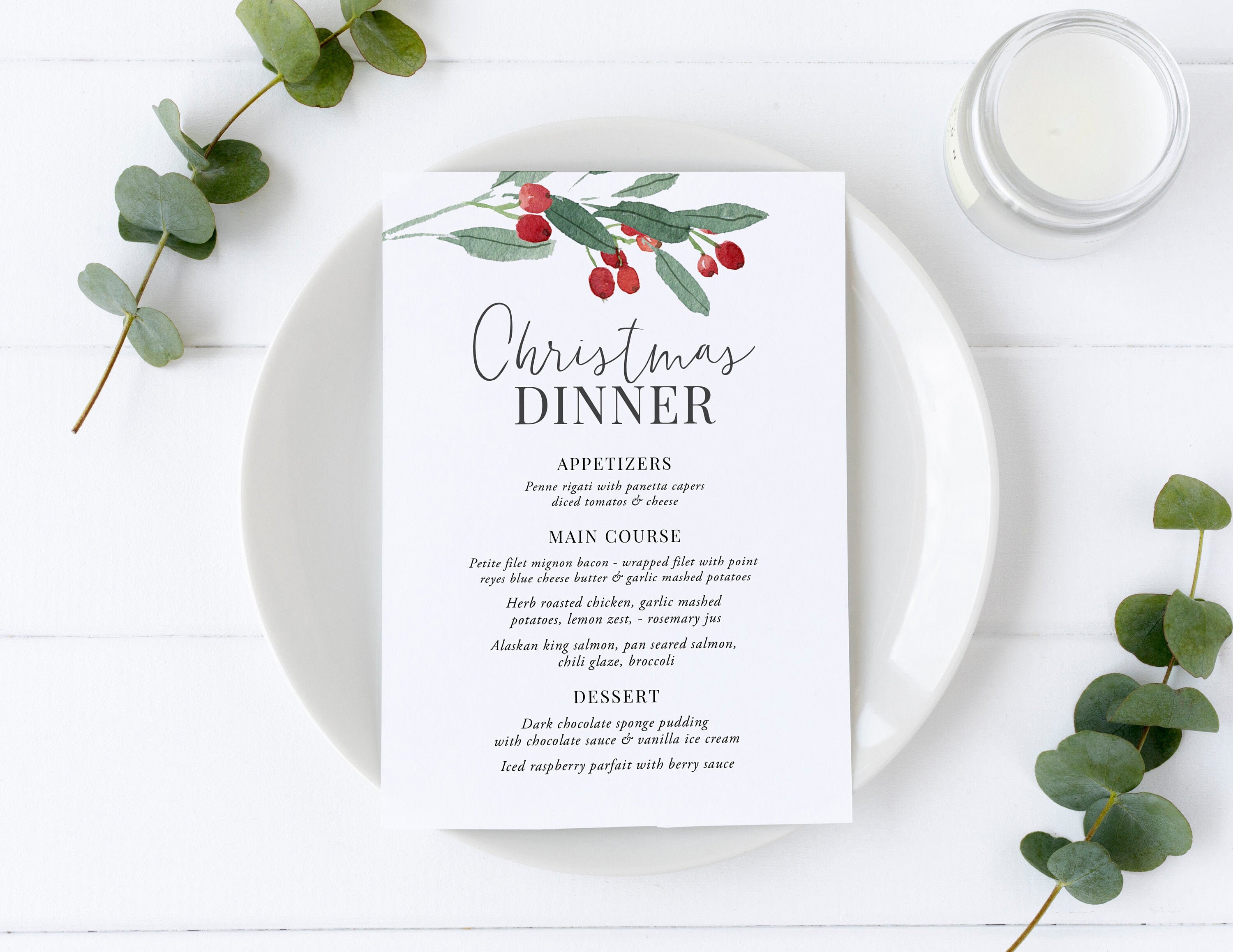 Editable Holiday Menu Template with greenery Templett Paper Invitations ...