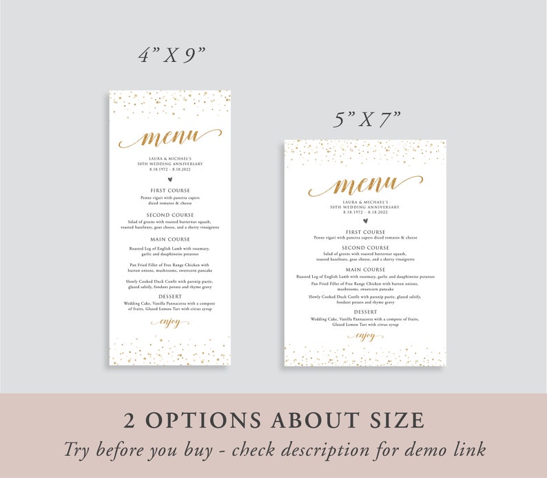 Gold Party Menu Template 50th Wedding Anniversary Menu - Etsy