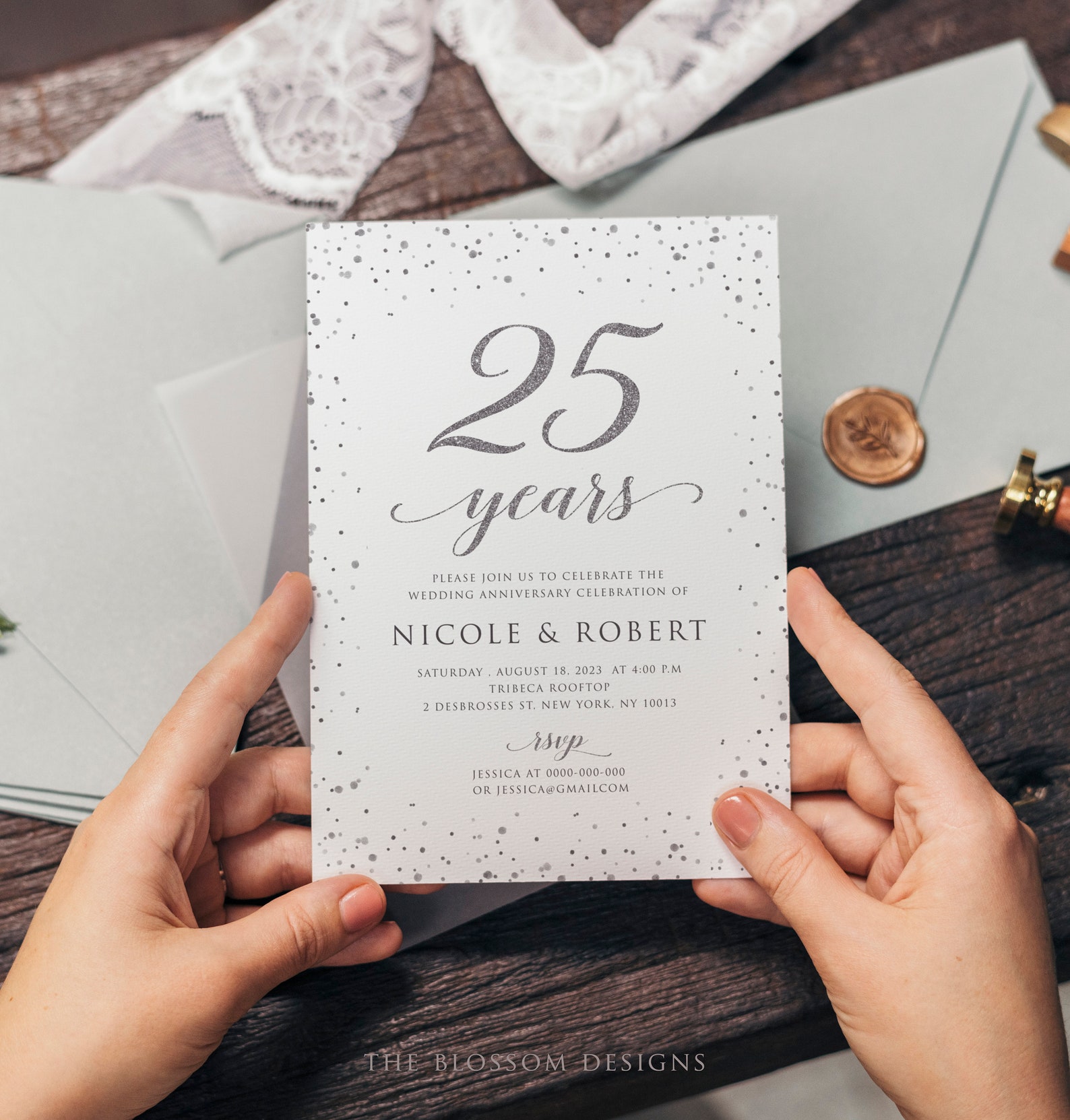 Silver 25th Anniversary Invitation, Printable Template (digital ...