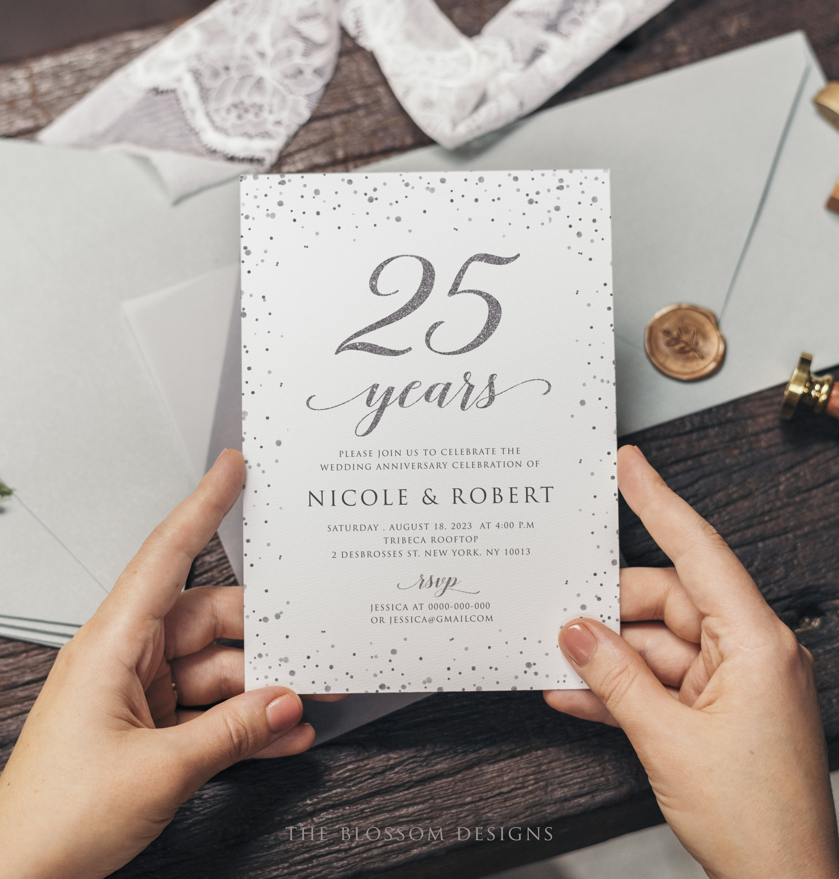 Silver 25th Anniversary Invitation, Printable Template (digital ...