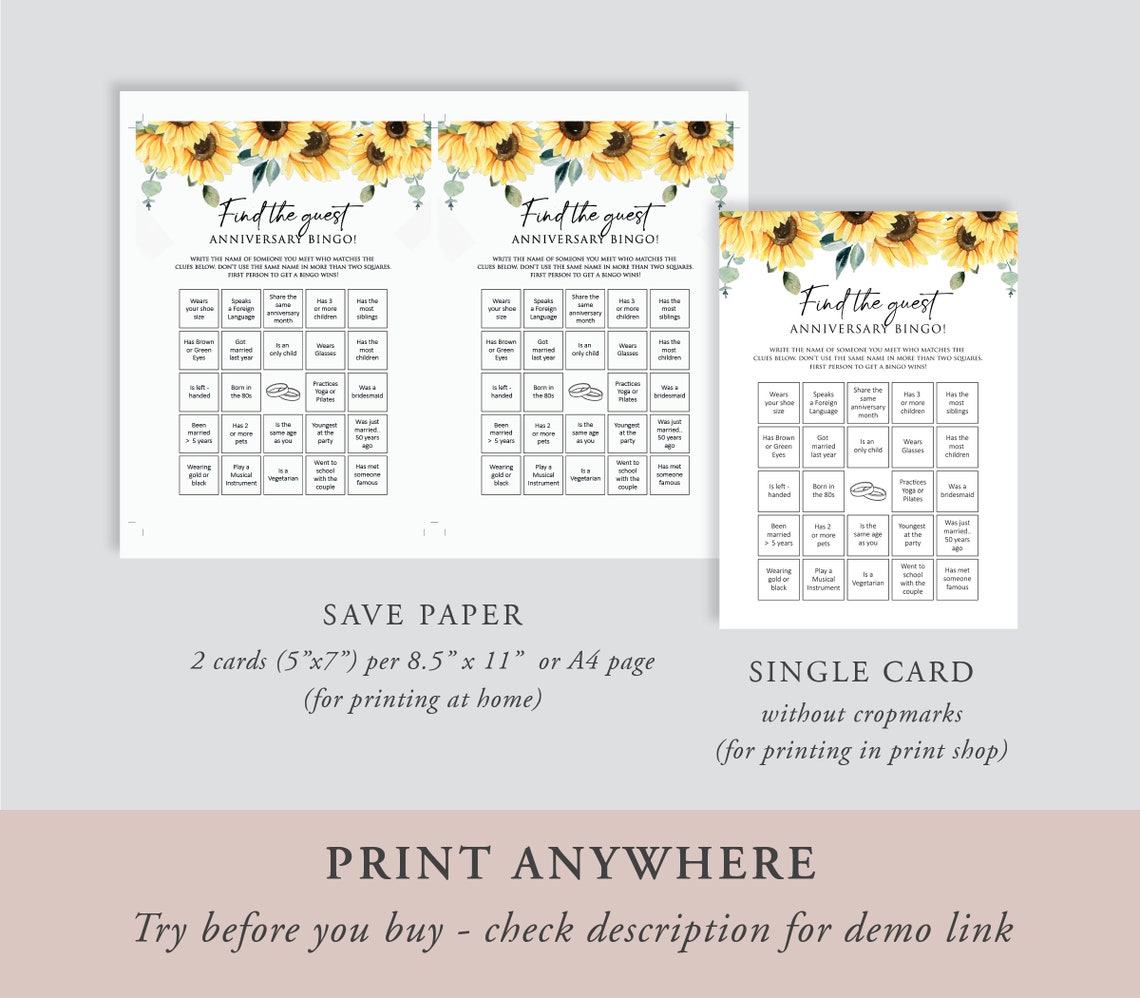 Sunflower Anniversary Party Bingo Game, Find the Guest, Printable ...