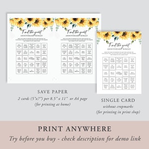 Sunflower Anniversary Bingo Game, Anniversary Party Games Printable ...