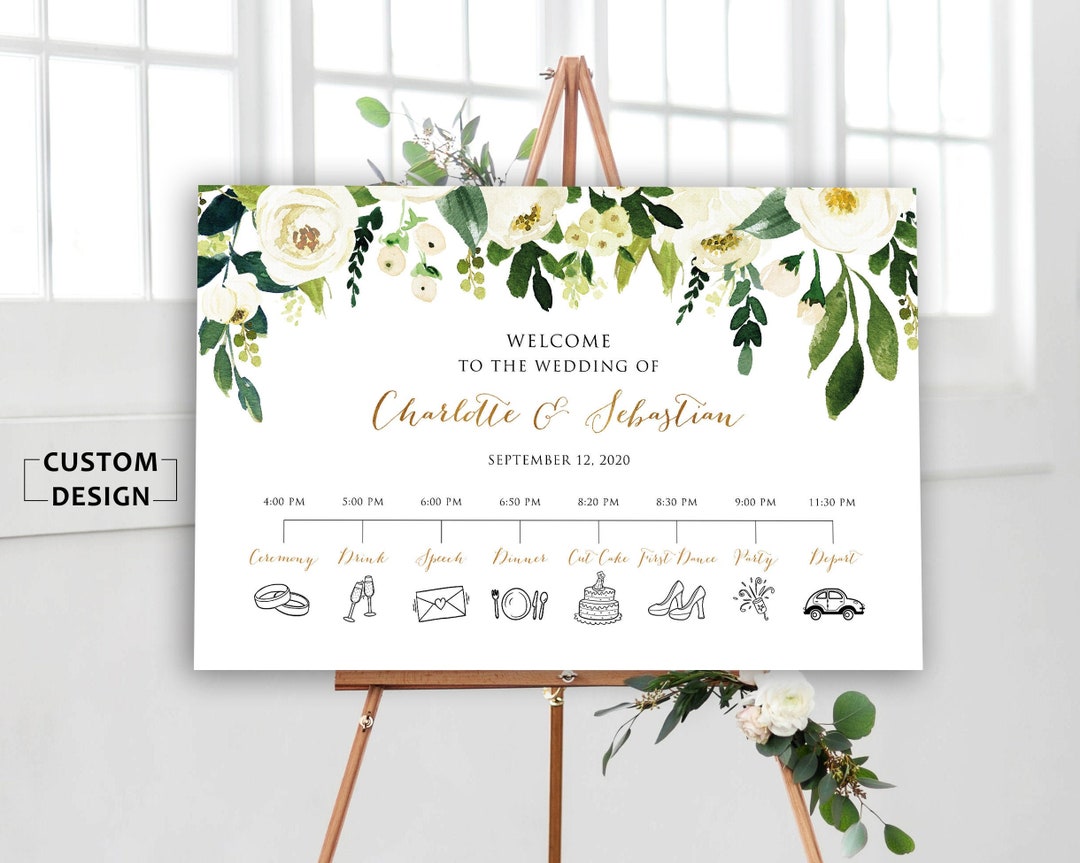 Wedding Welcome Timeline Sign, Wedding Timeline Sign, Greenery Timeline ...