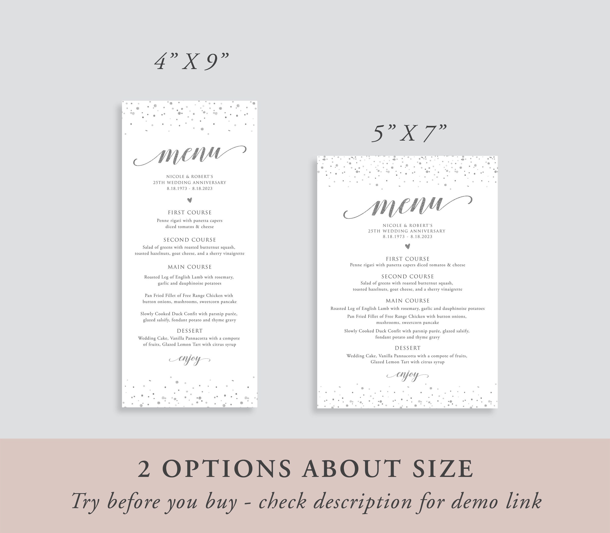 25th Anniversary Menu Template, Silver Design, Editable (digital ...