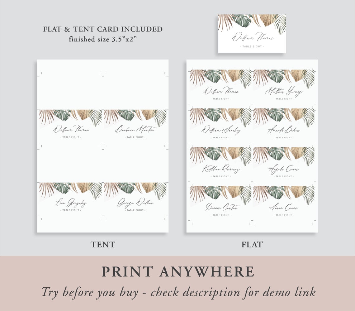 Place Card Template Tropical Place Card Wedding Watercolor | Etsy