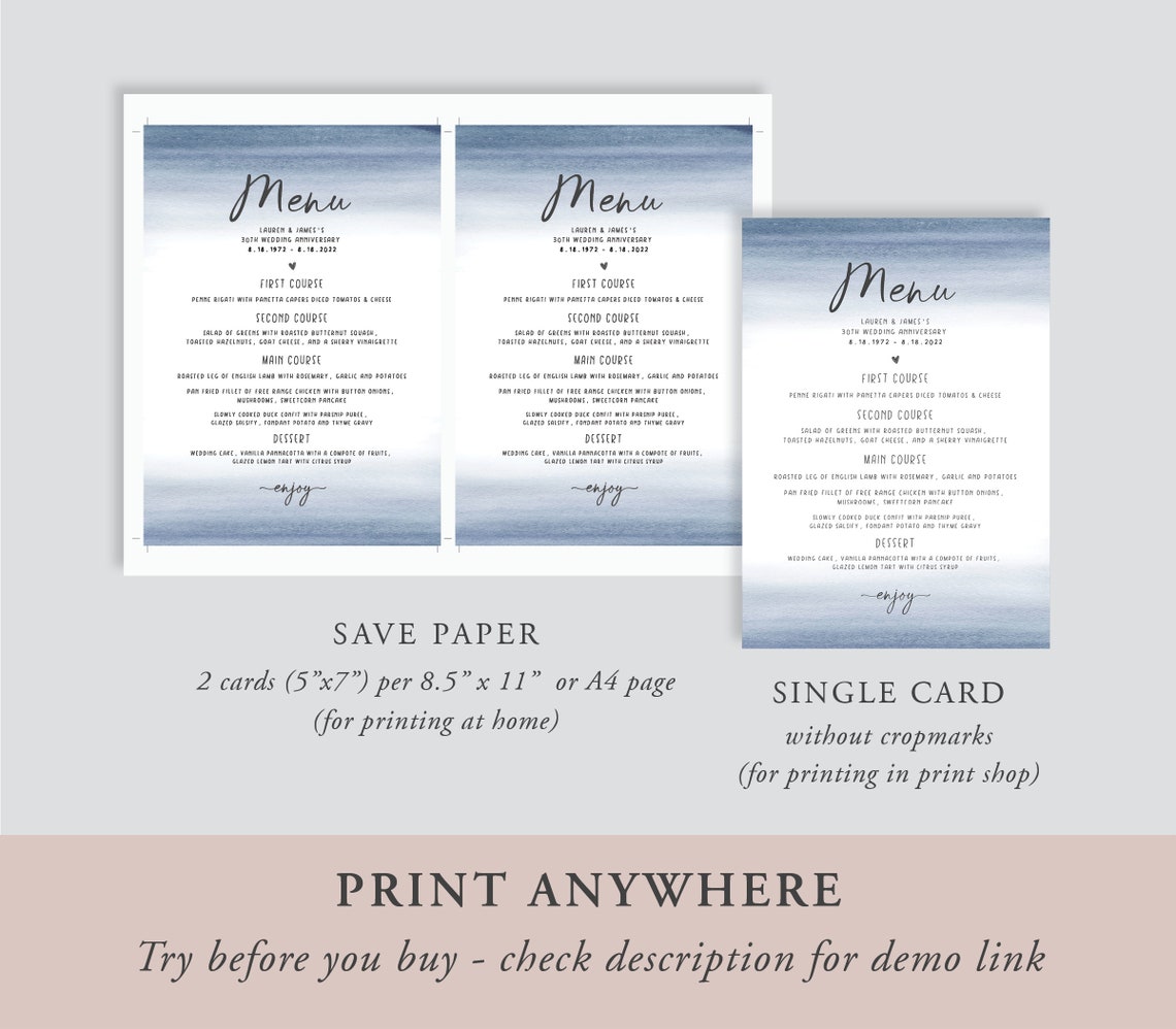 Navy Menu Template Wedding Anniversary Menu Navy Anniversary - Etsy
